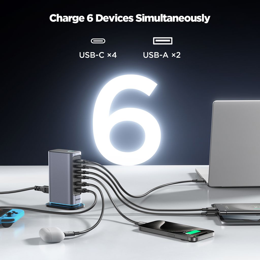 NEXTBATT 6-i-1 65W GaN Multi USB-laddare 4 USB-C & 2 USB-A - Teknikdelar.se
