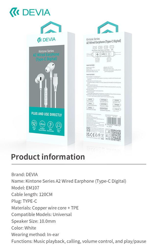 Devia Kintone A2 Hörlurar Trådbundna USB-C - Vit - Teknikdelar.se